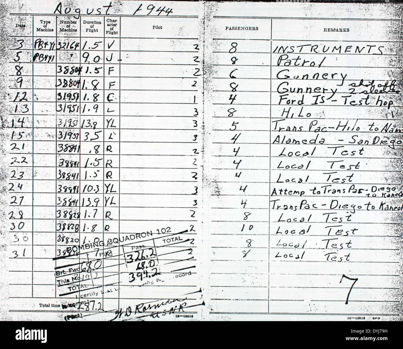 This logbook entry documents the operations of VPB-102, a U.S. Navy ...