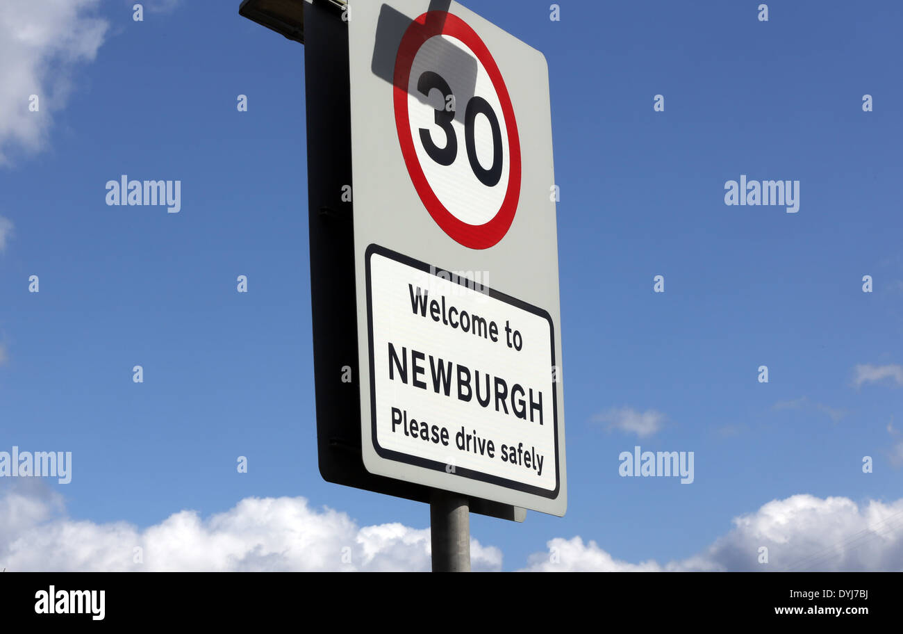 Street sign at the entrance to the village of Newburgh, Aberdeenshire ...