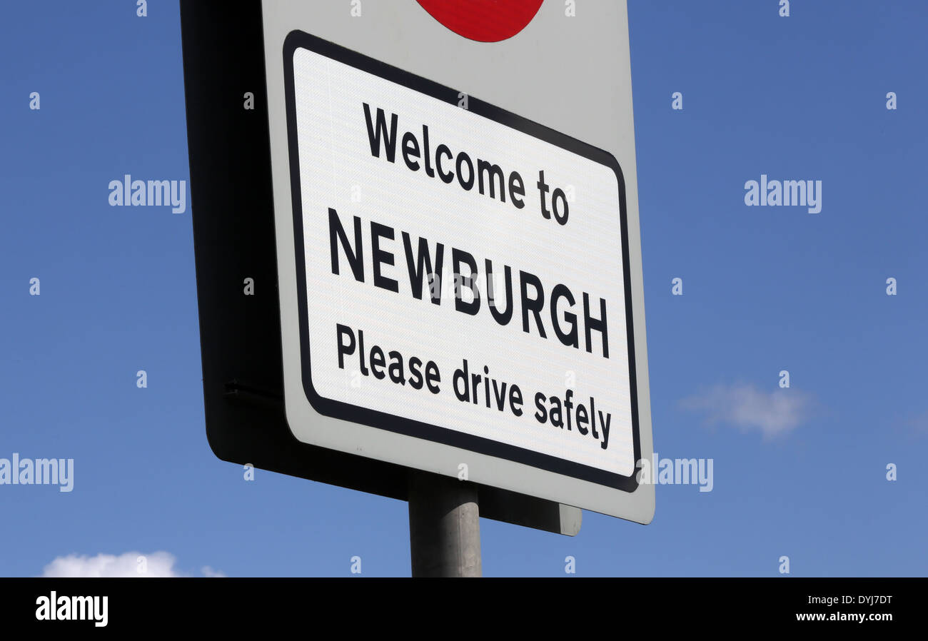 Street sign at the entrance to the village of Newburgh, Aberdeenshire ...