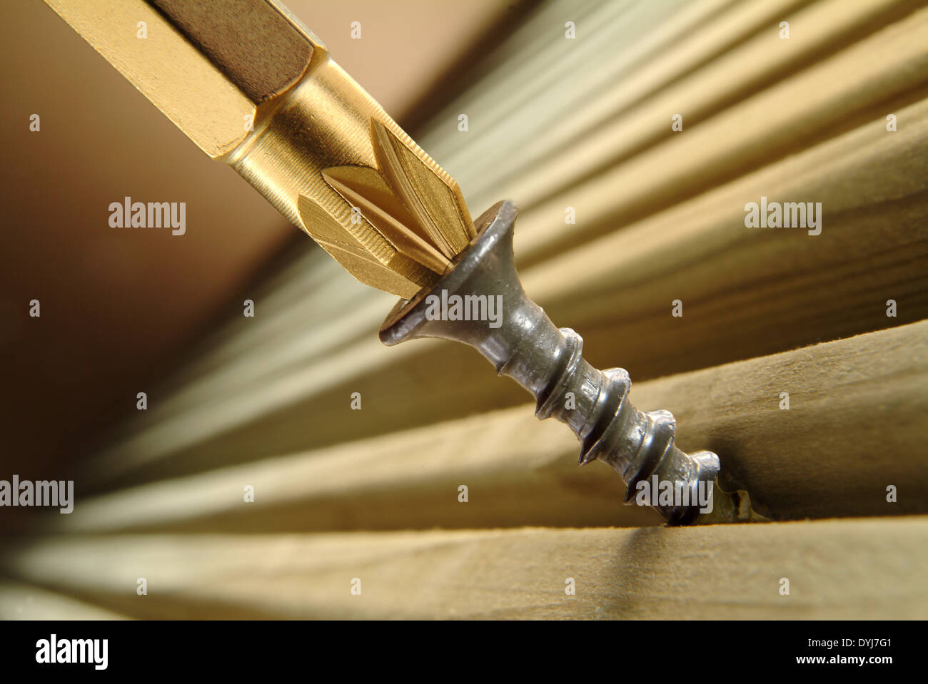 Screw being driven into timber decking Stock Photo - Alamy