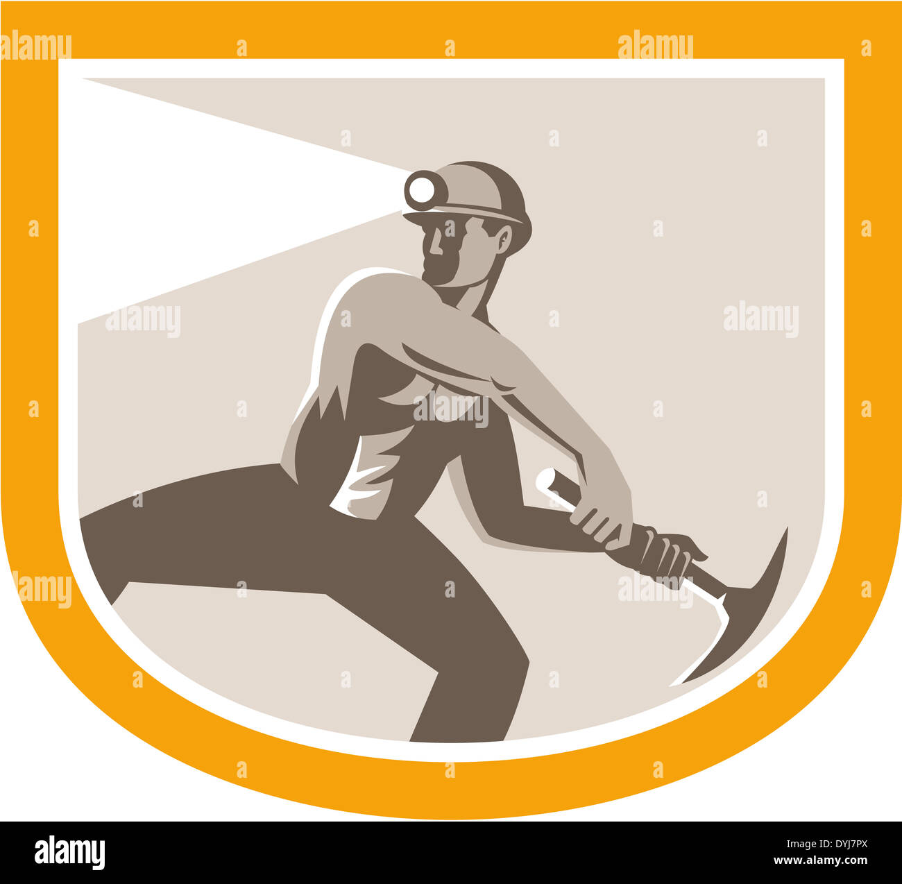 Illustration of a coal miner wearing hardhat with pick axe facing front ...