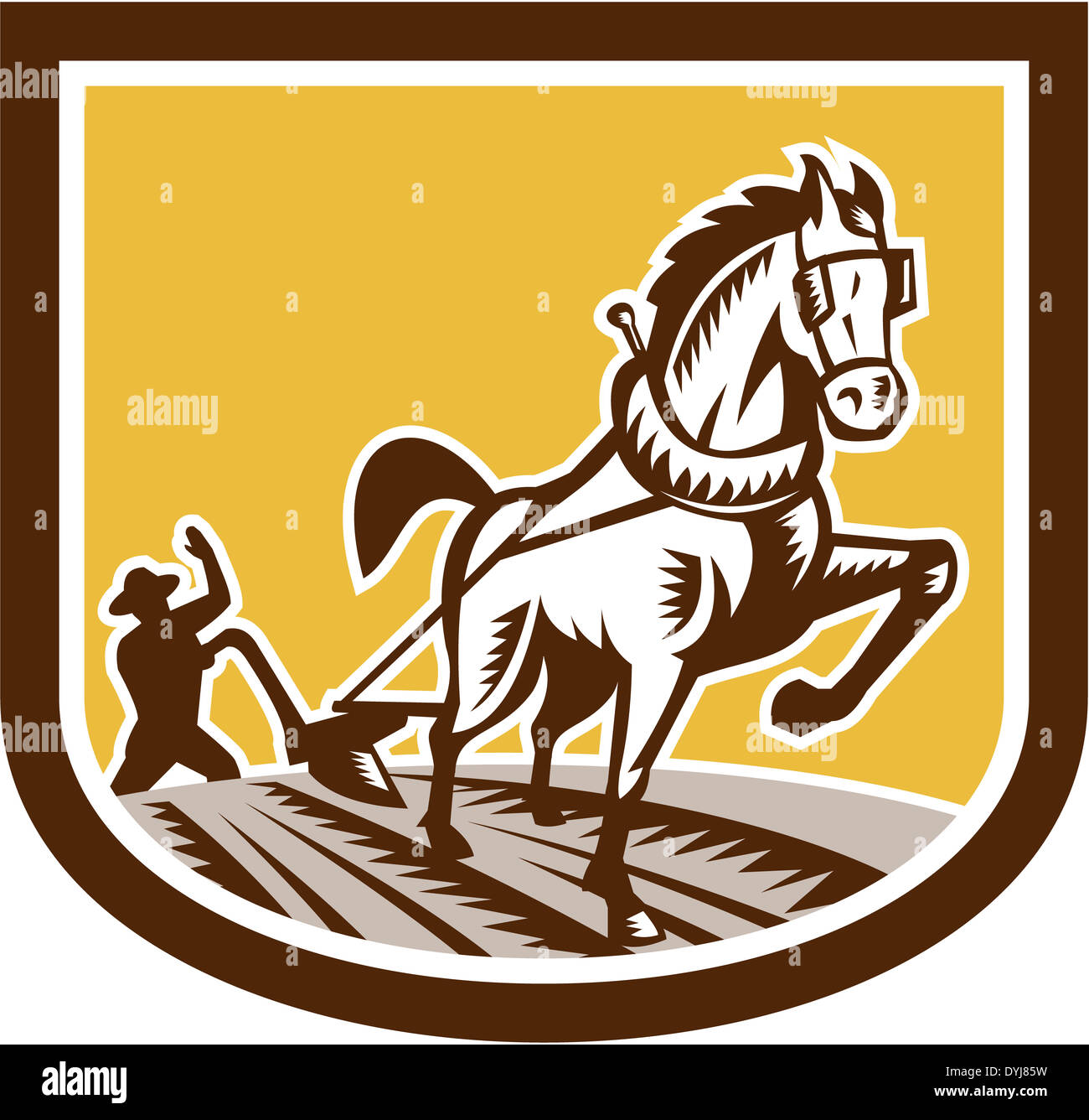 Illustration of farmer and horse plowing farm field viewed from front ...