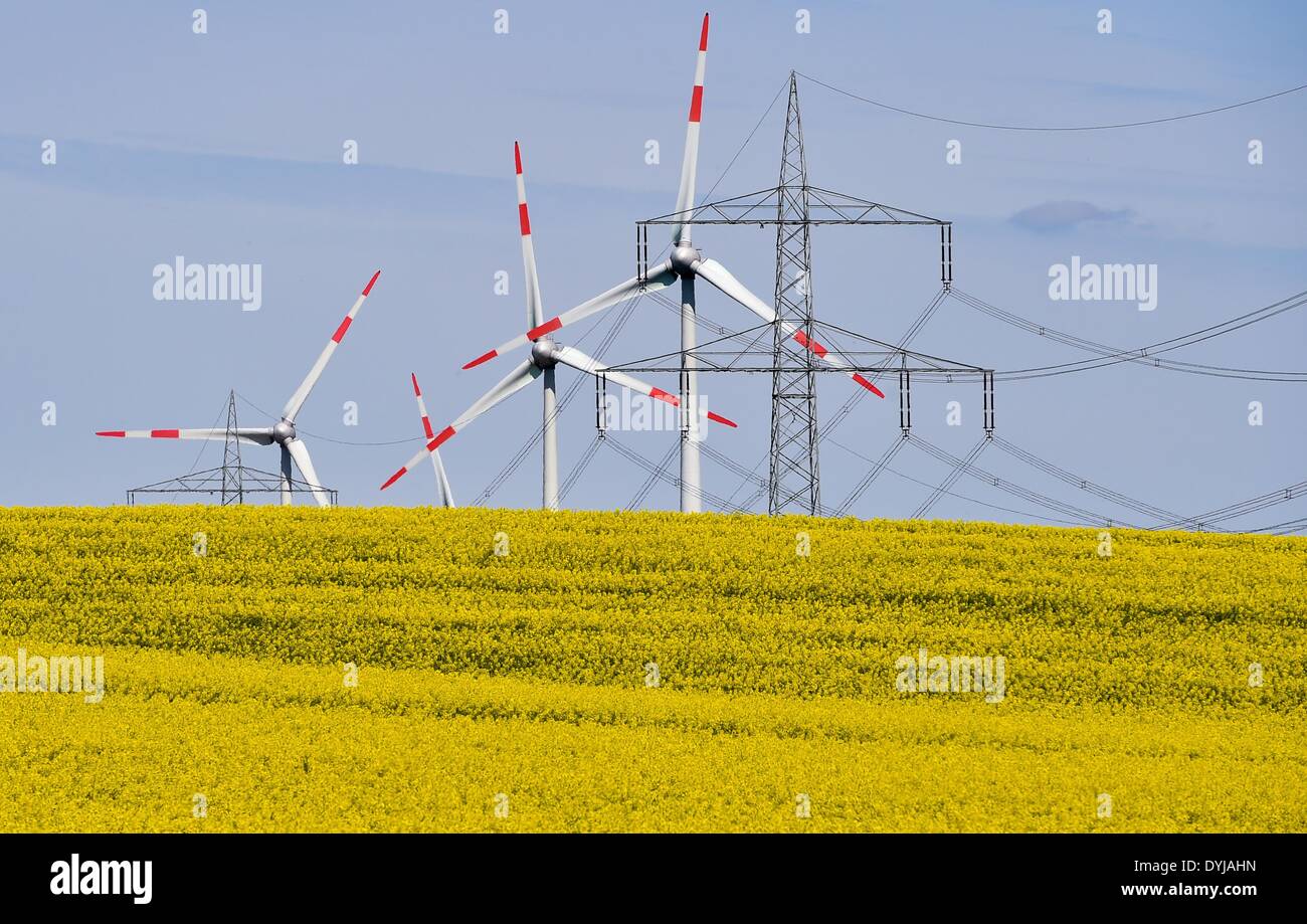 Muencheberg, Germany. 17th Apr, 2014. Wind turbines stand behind a ...