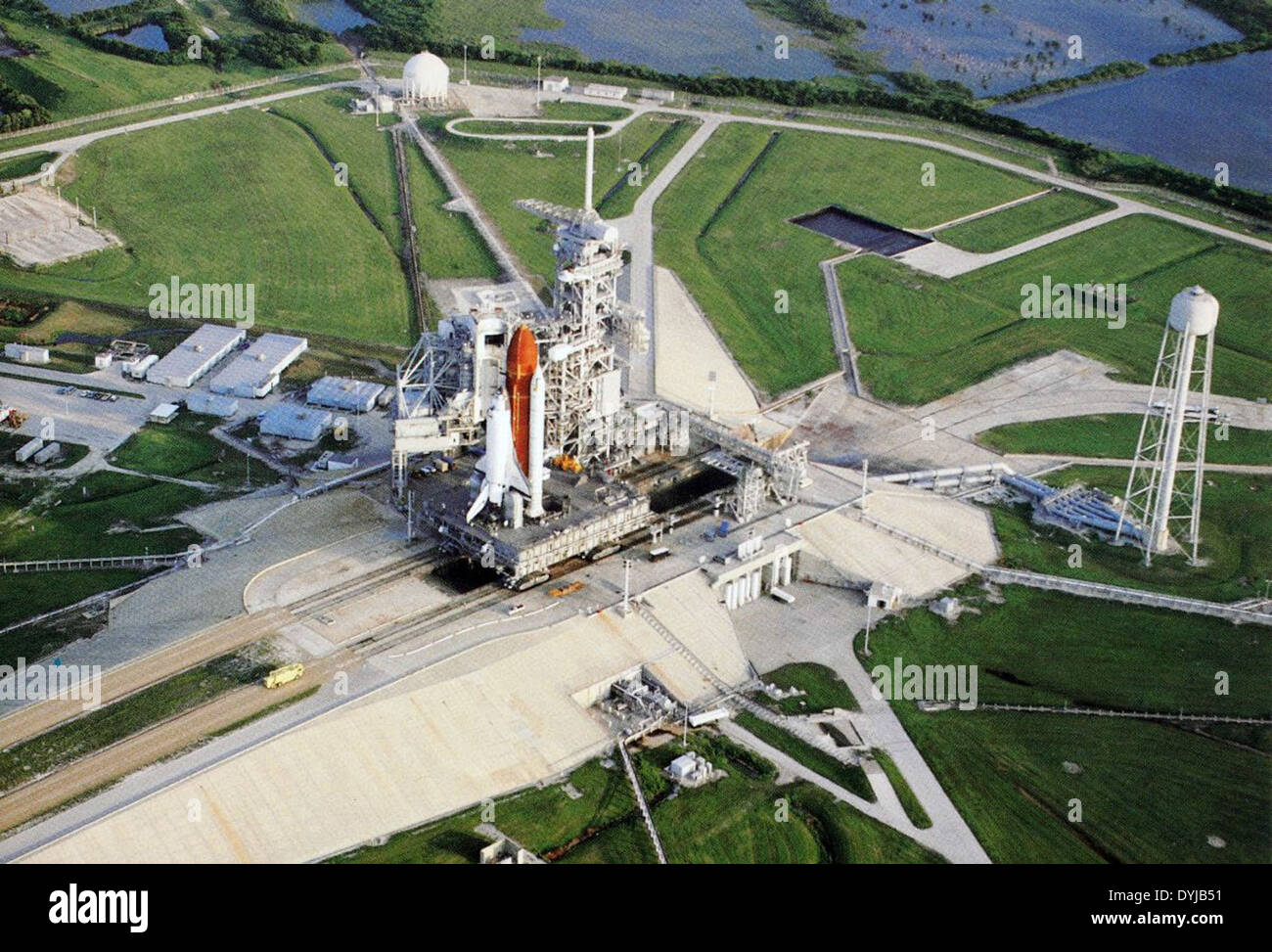 This image shows NASA’s Discovery Space Shuttle mounted on the crawler ...