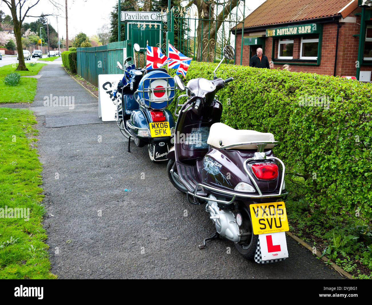 Scooters outside park cafe, Chadderton,Oldham,Greater Manchester, UK ...