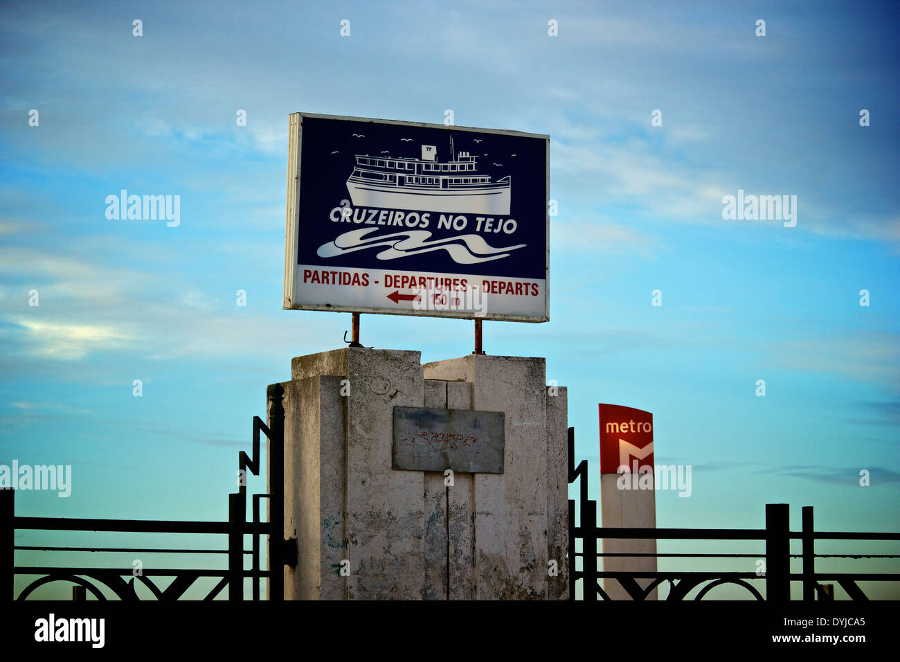 Ferry boat arrival and departure and metro signs on the waterfront at ...