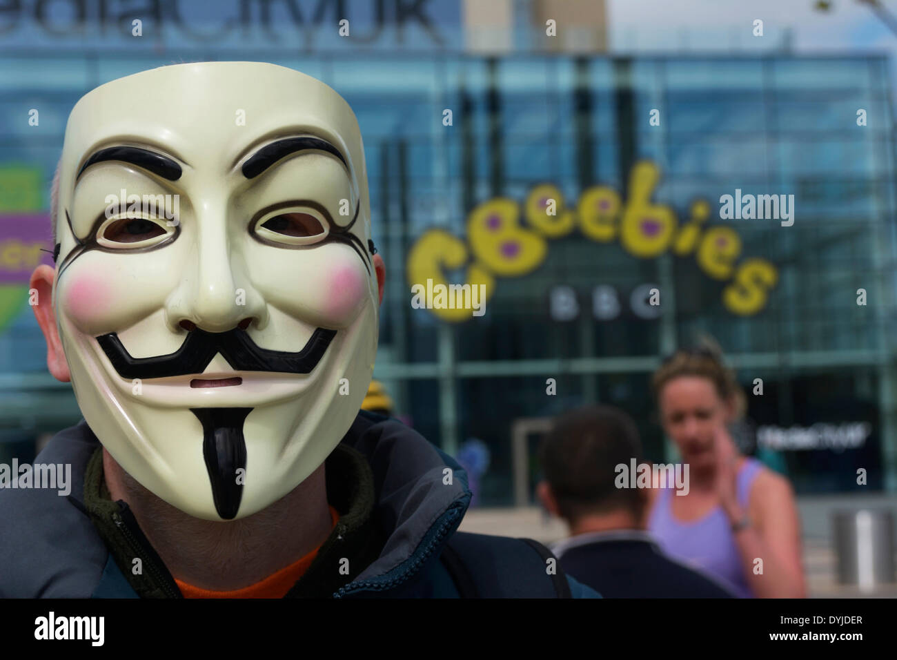 MANCHESTER, UK Saturday 19th. April 2014. Protester wearing 'Anonymous ...