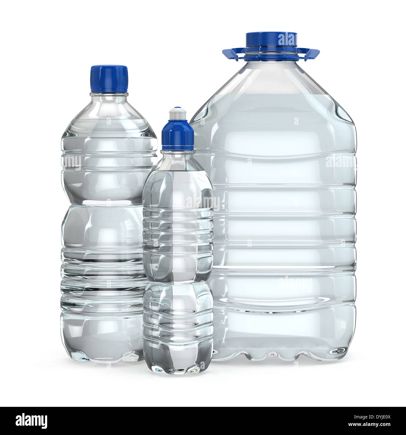 Bottles of water various sizes on white isolated background. 3d Stock ...