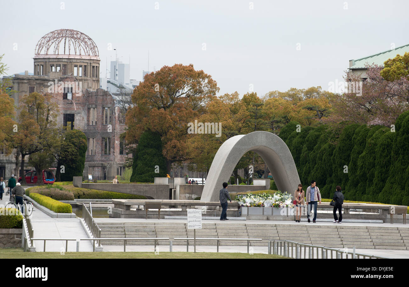 Hiroshima, Japan. 12th Apr, 2014. People stand in front of the cenotaph ...