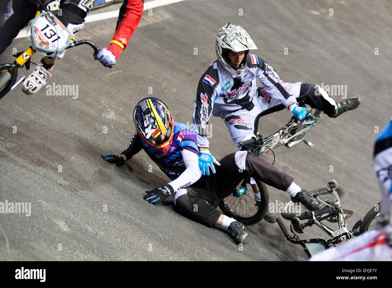 Manchester, UK. 18th April 2014. Dion VRIENS (Bike 197), Julien LUKIE ...