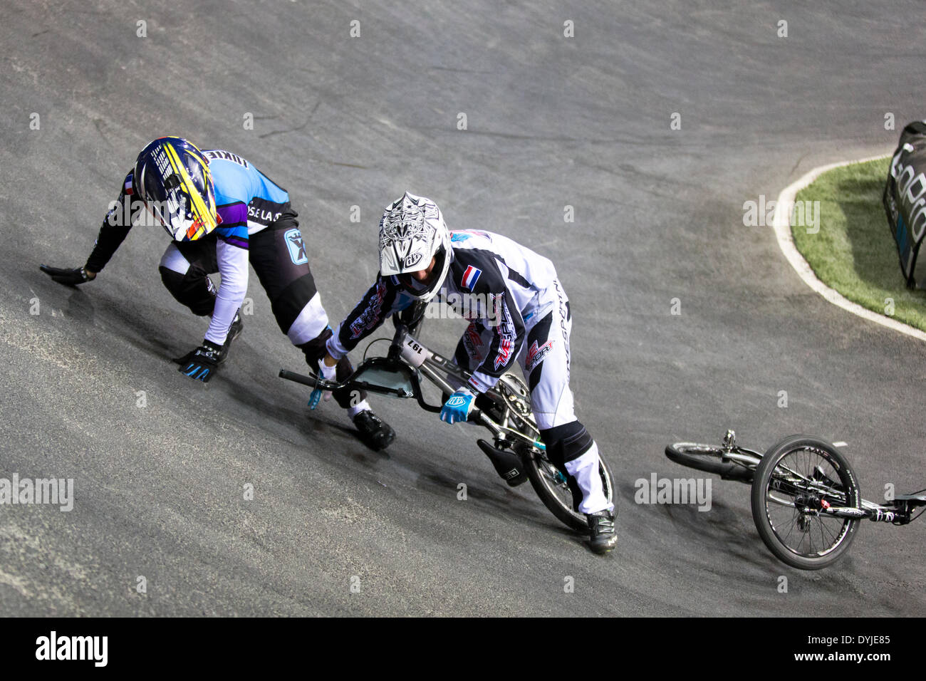 Manchester, UK. 18th April 2014. Dion VRIENS (Bike 197), Julien LUKIE ...