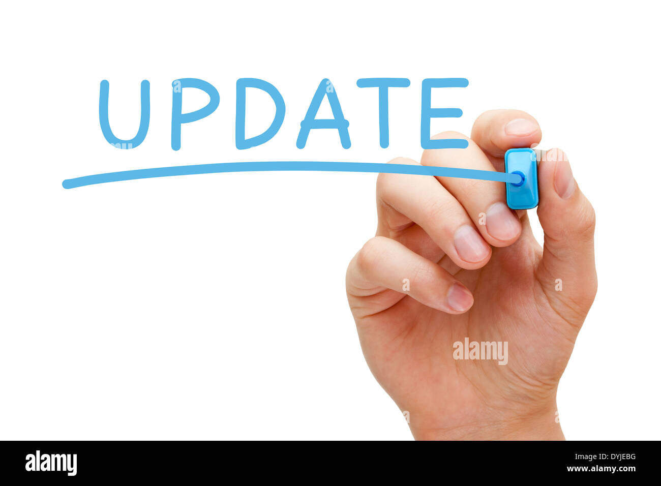 Hand writing Update with blue marker on transparent wipe board Stock ...