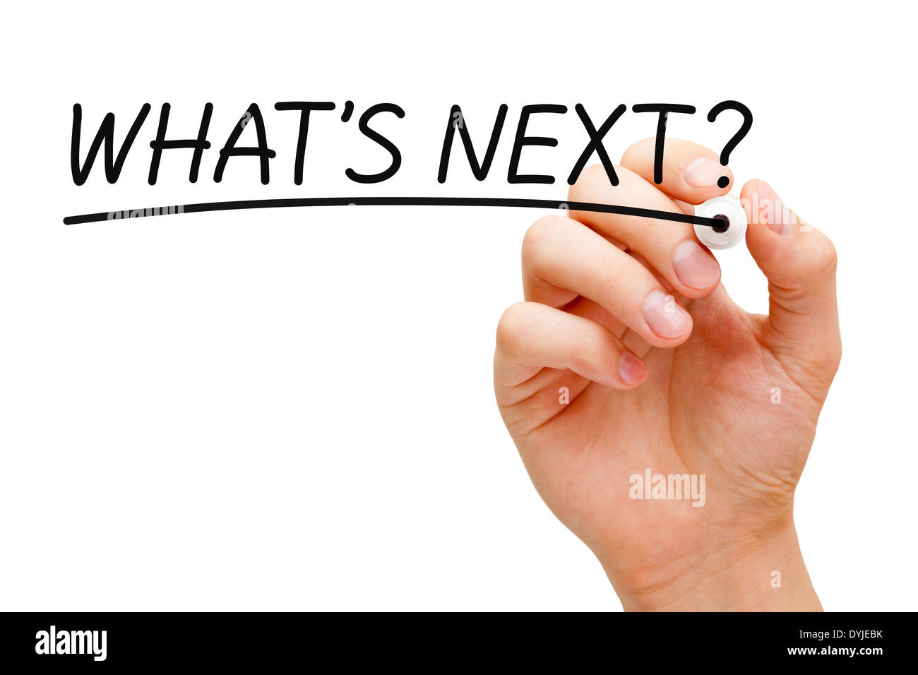 Hand writing What's Next? with black marker on transparent wipe board ...