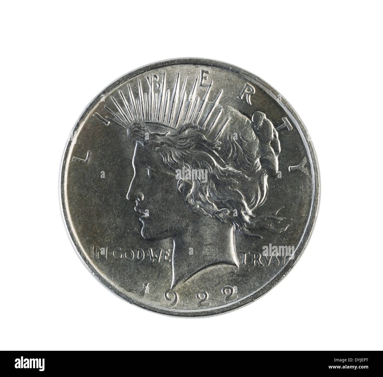 Closeup photo of a Peace Silver Dollar, obverse side, isolated on white ...