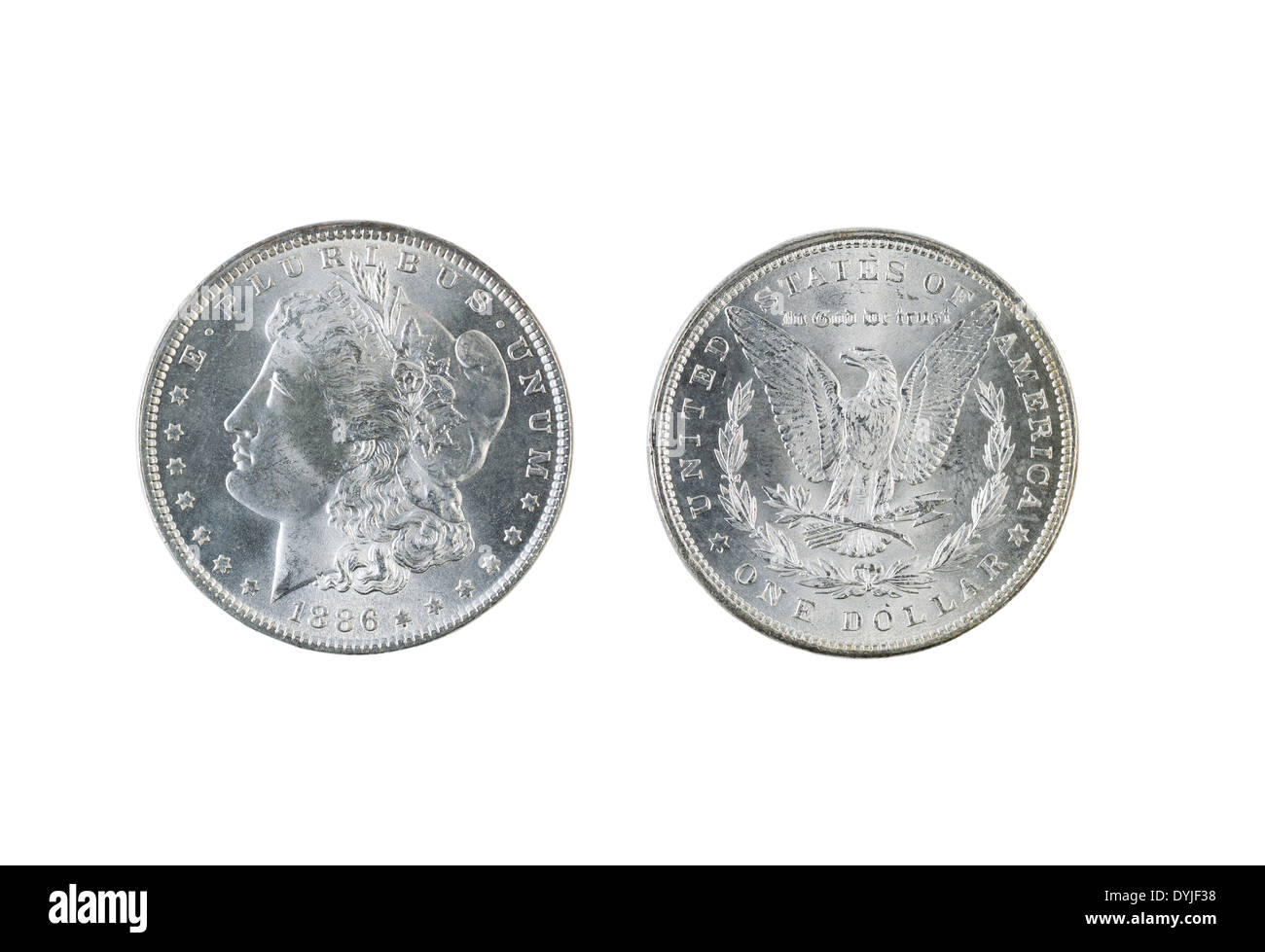 Closeup photo of a Two Morgan Silver Dollars, obverse and reverse sides ...