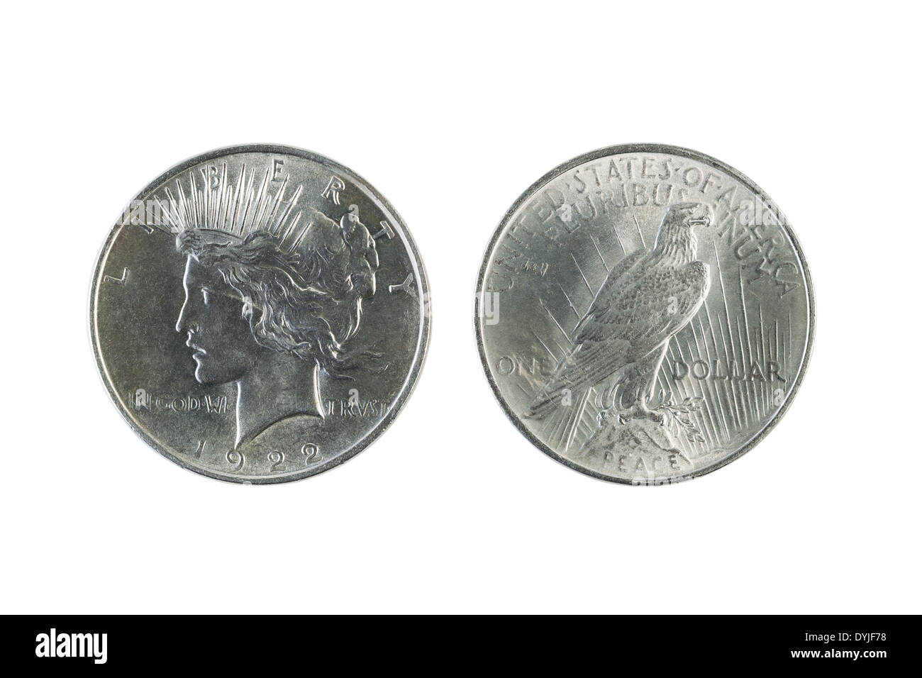 Closeup photo of a Two Peace Silver Dollars, obverse and reverse sides ...