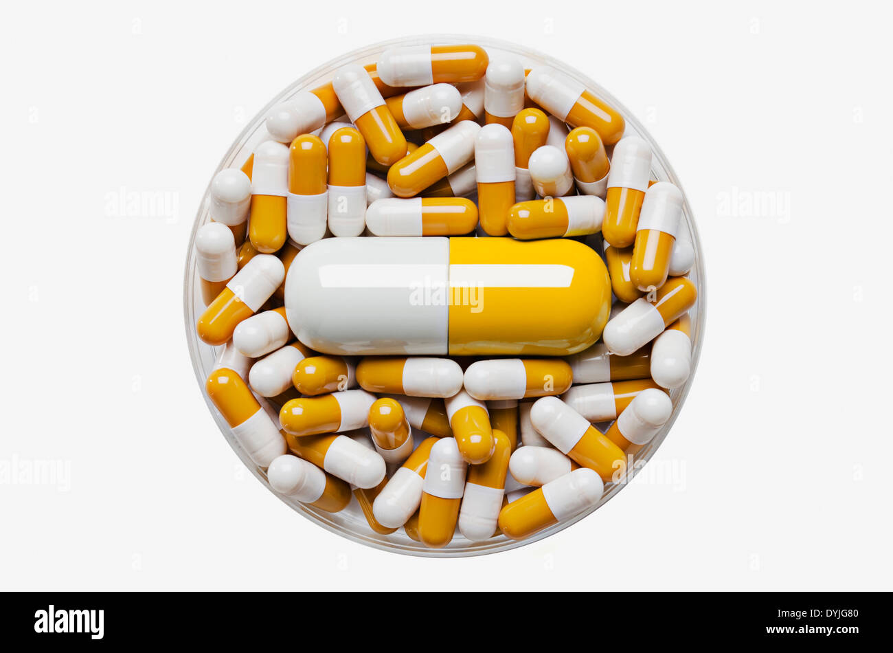 Large pill surrounded by smaller pills in a petri hi-res stock ...