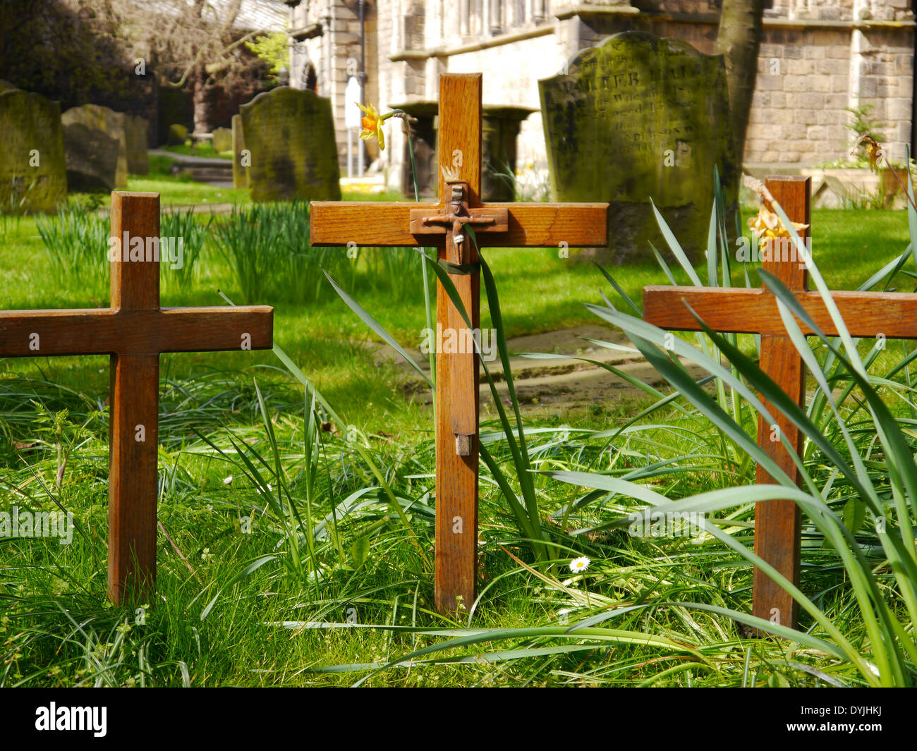 Commemorative Easter crosses in burial ground / cemetery at Church of ...
