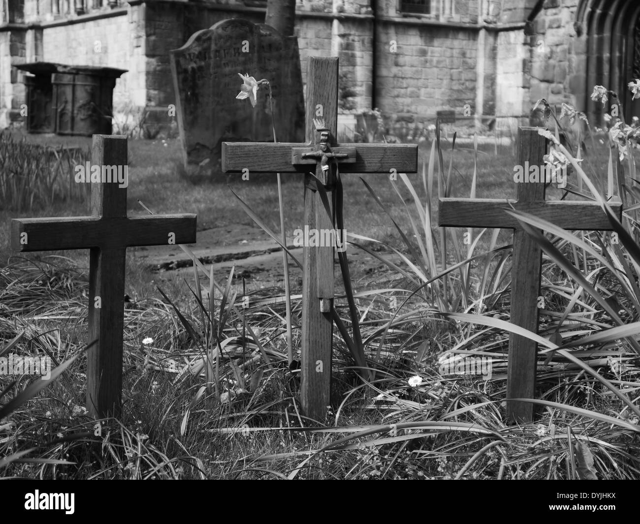 Commemorative Easter crosses in burial ground / cemetery at Church of ...