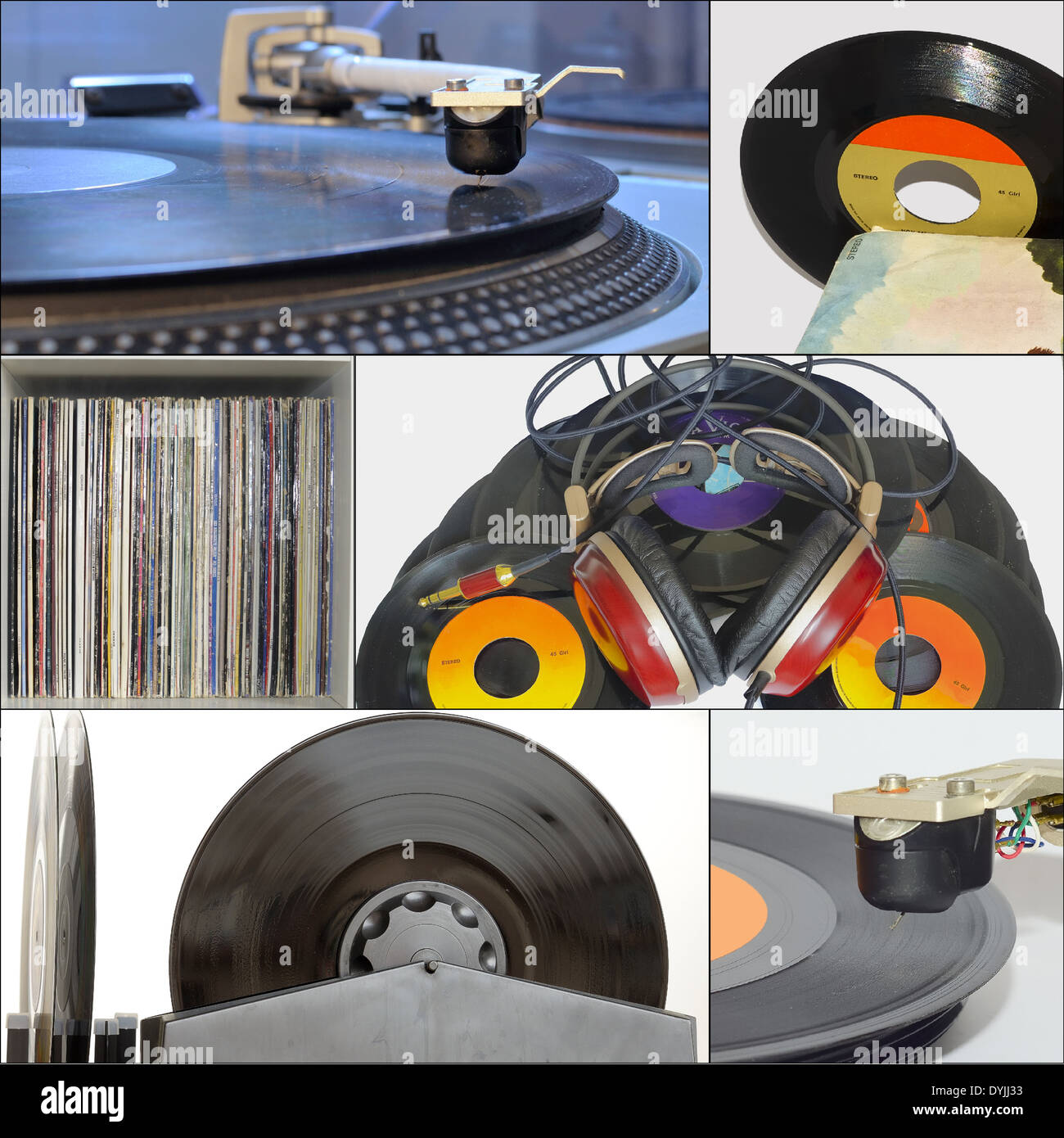 Collage vinyl records, stereo headset and turntable Stock Photo - Alamy
