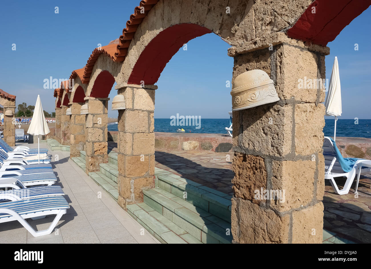 The arch, terrace and sea in styling high class hotel of Turkey Stock ...