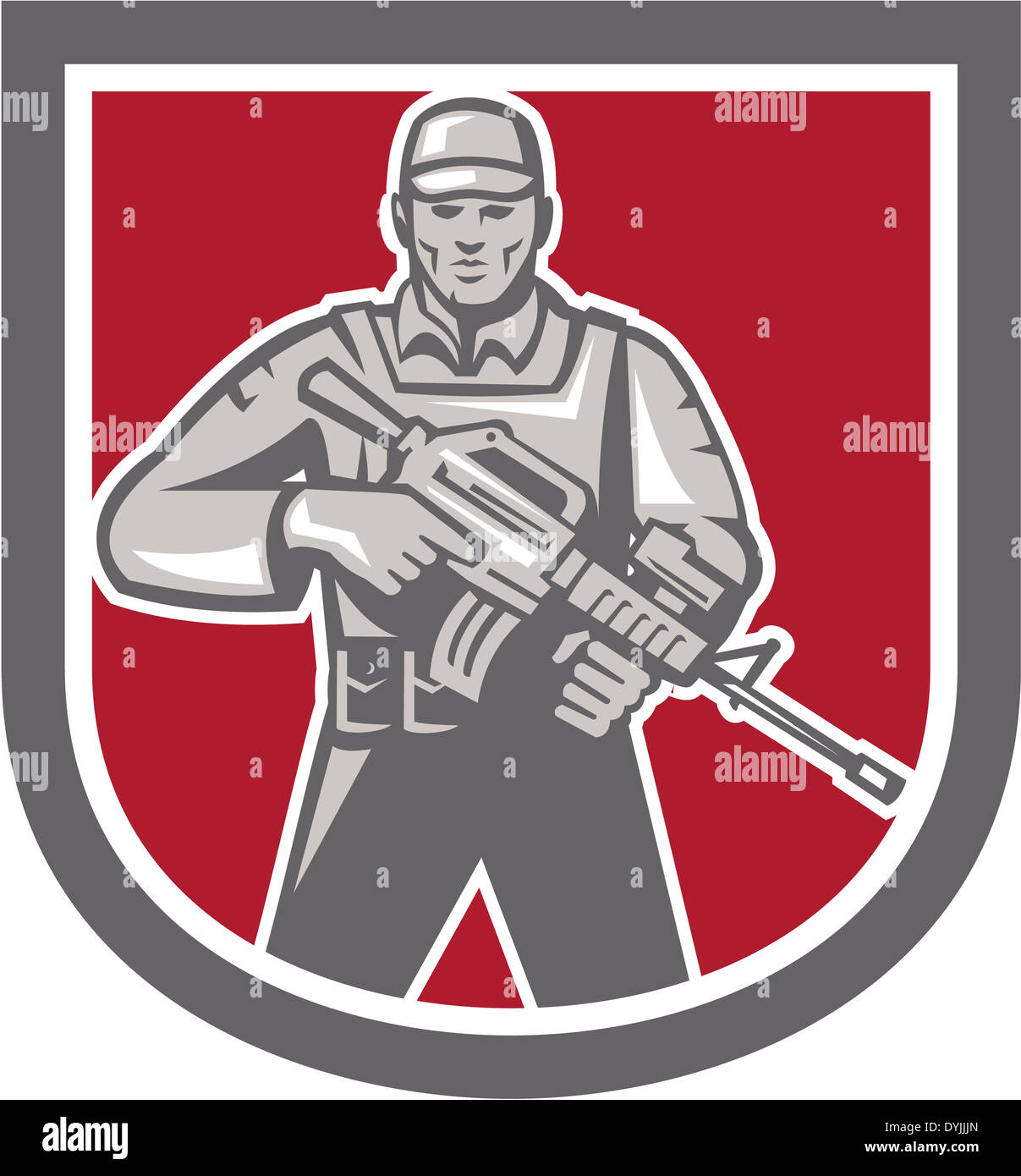 Illustration of a soldier serviceman with assault rifle facing front ...