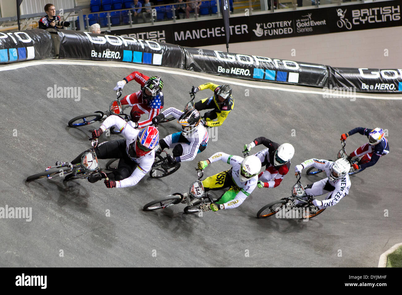 Manchester, UK. 19th Apr, 2014. Liam PHILLIPS (Bike 1) Winning the ...