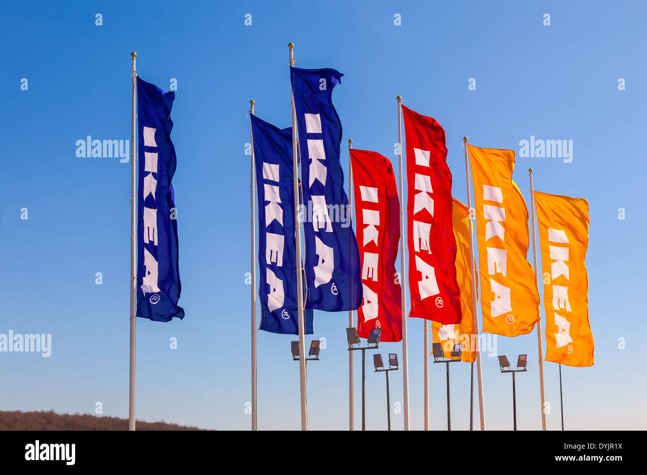 IKEA flags against sky at the IKEA Samara Store. IKEA is the world's ...