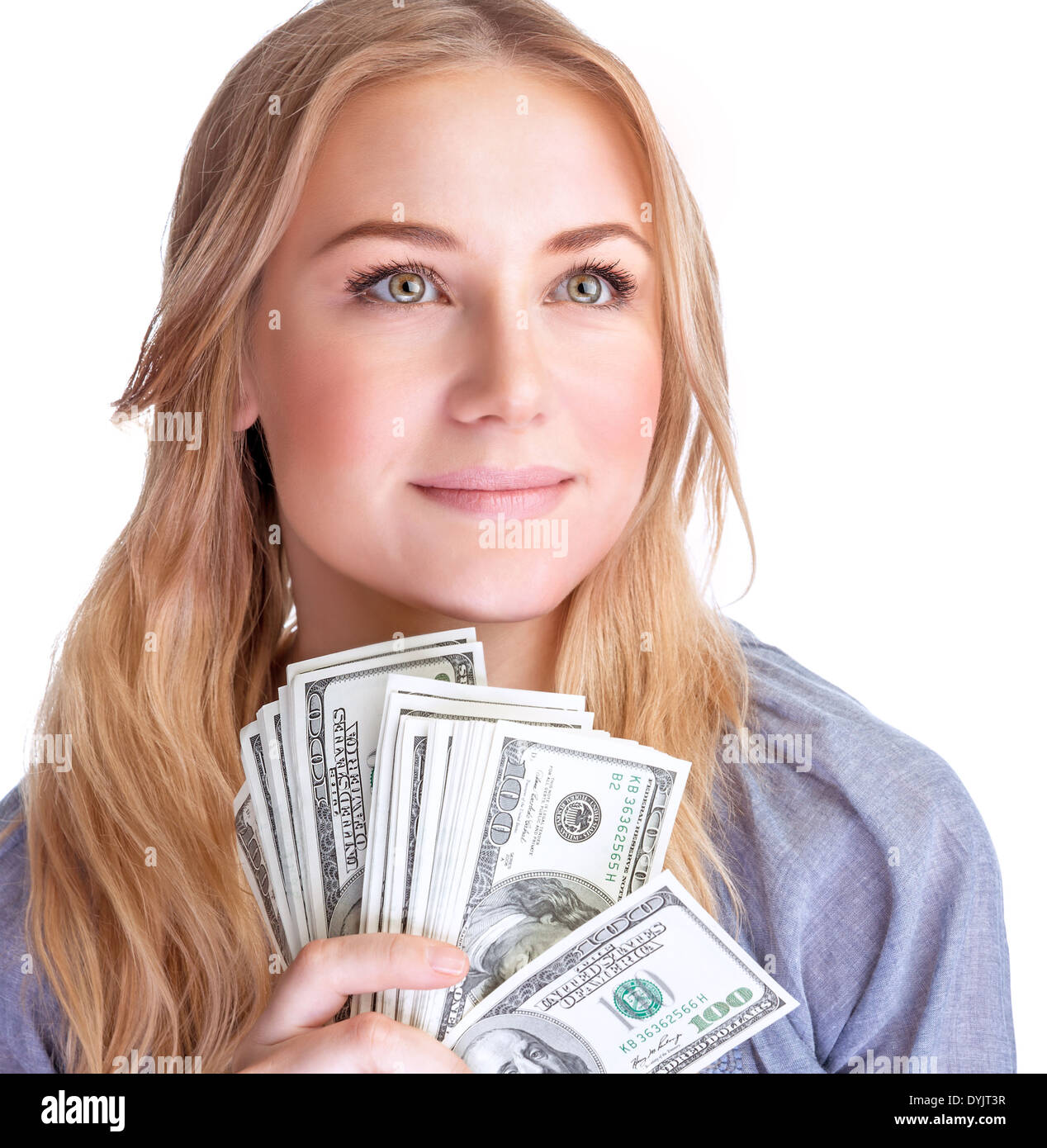 Happy owner of money, pretty woman with money isolated on white ...