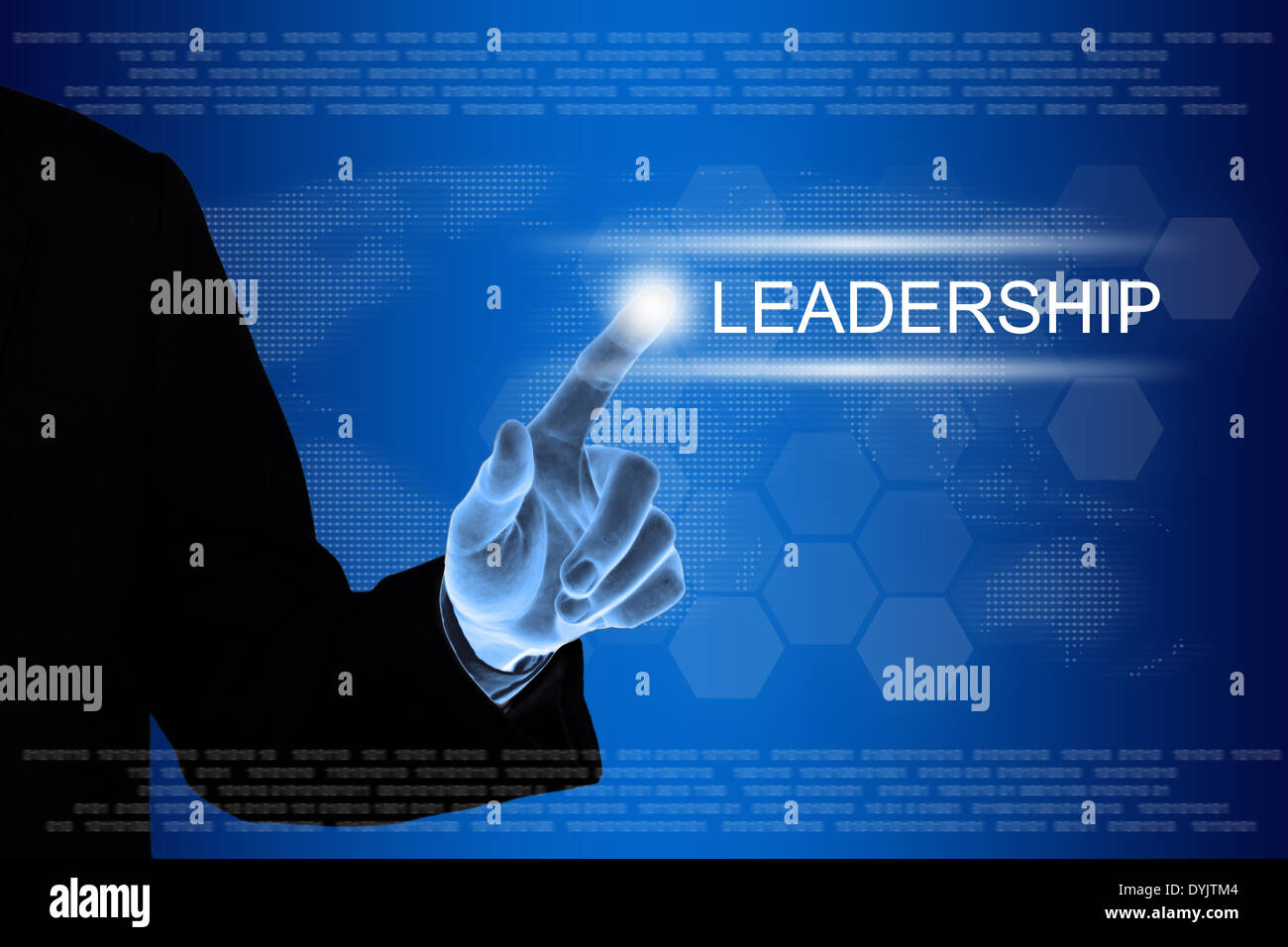 business hand pushing leadership button on a touch screen interface ...