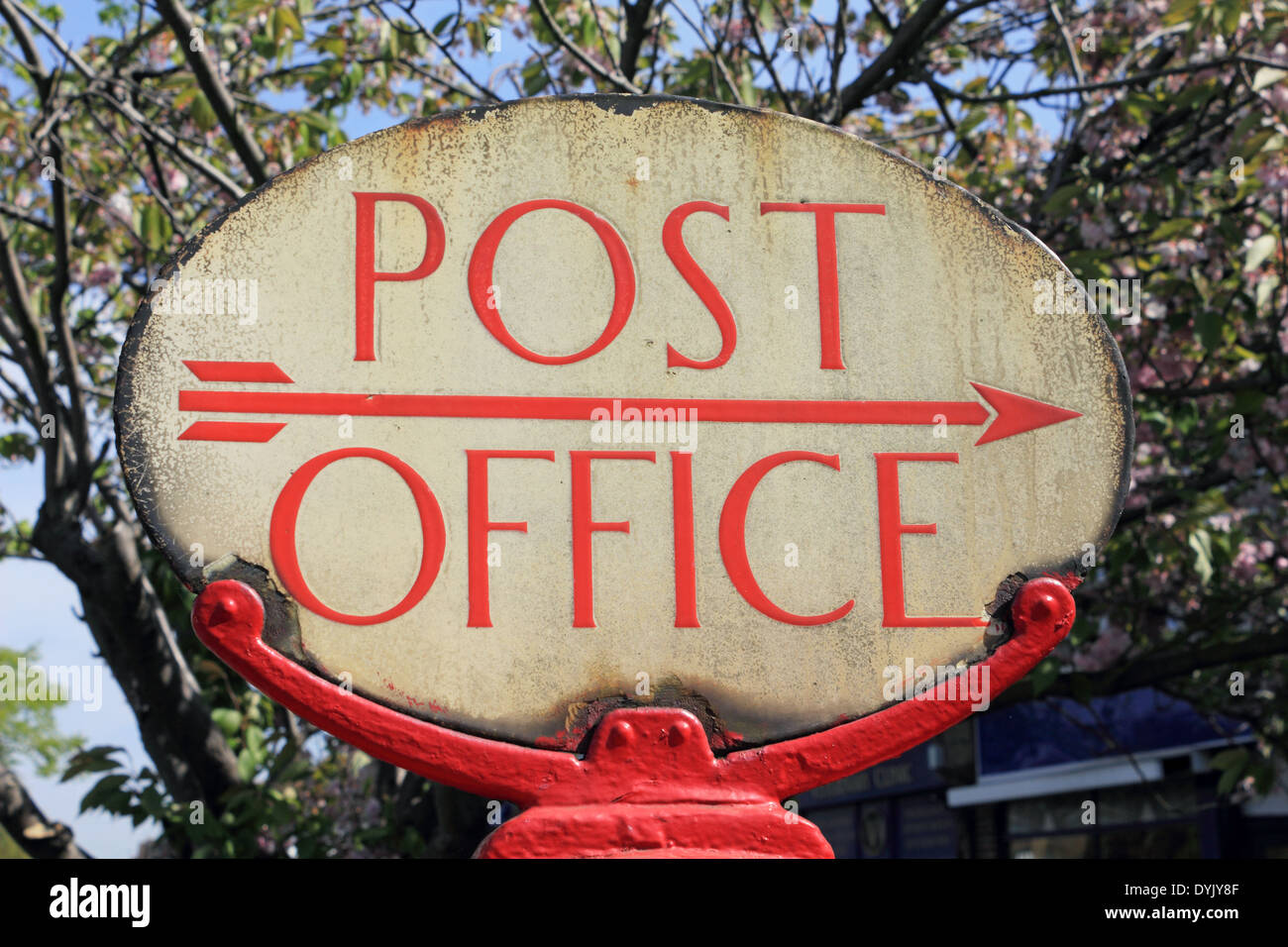 Traditional old fashioned Post office sign and arrow on top of postbox ...