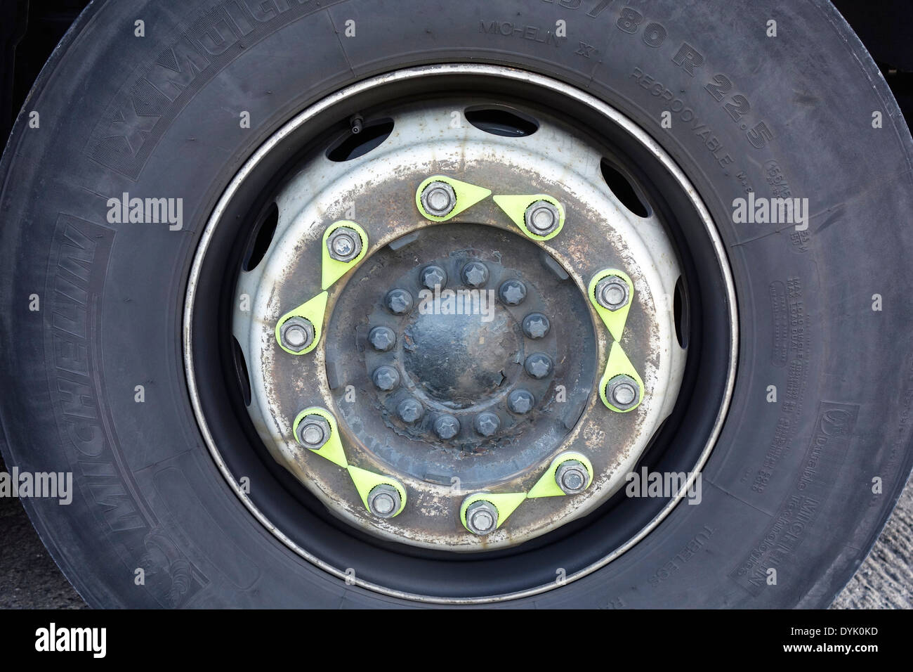 Wheelnut markers on a truck, these are a visual guide to check that the ...