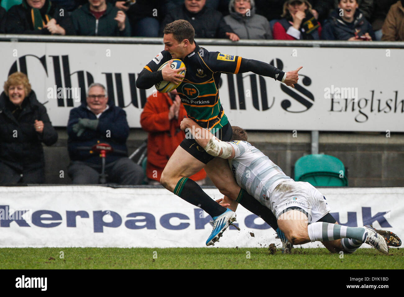 Northampton, UK. 20th Apr, 2014. George NORTH of Northampton Saints is ...