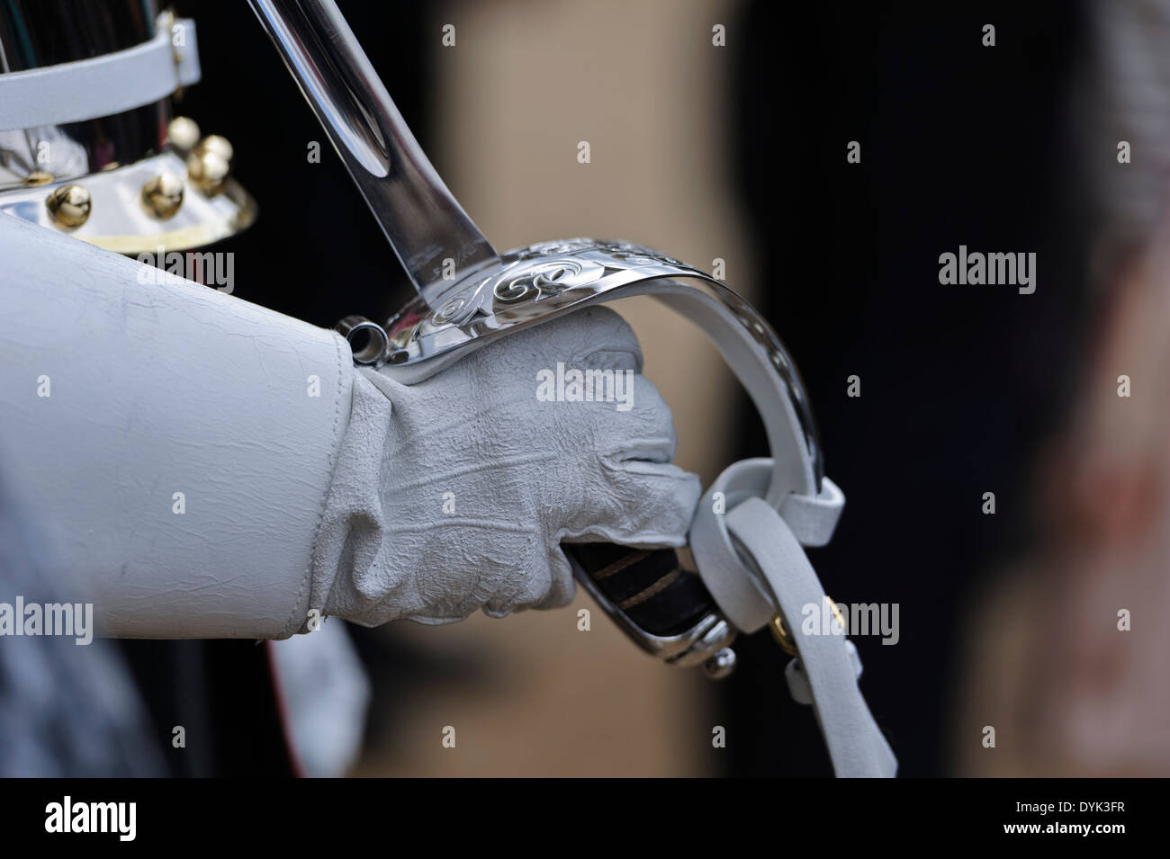 A member of the Royal Horse Guards (Blues) Regiment holding a beautiful ...