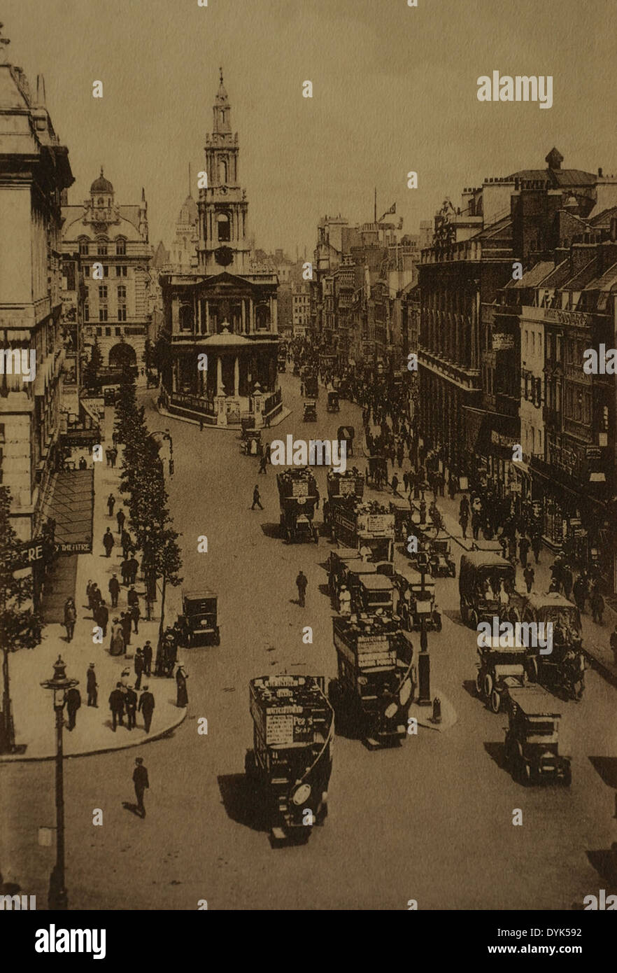 Postcard portrait view Model-B buses, cars, horse-drawn wagons ...