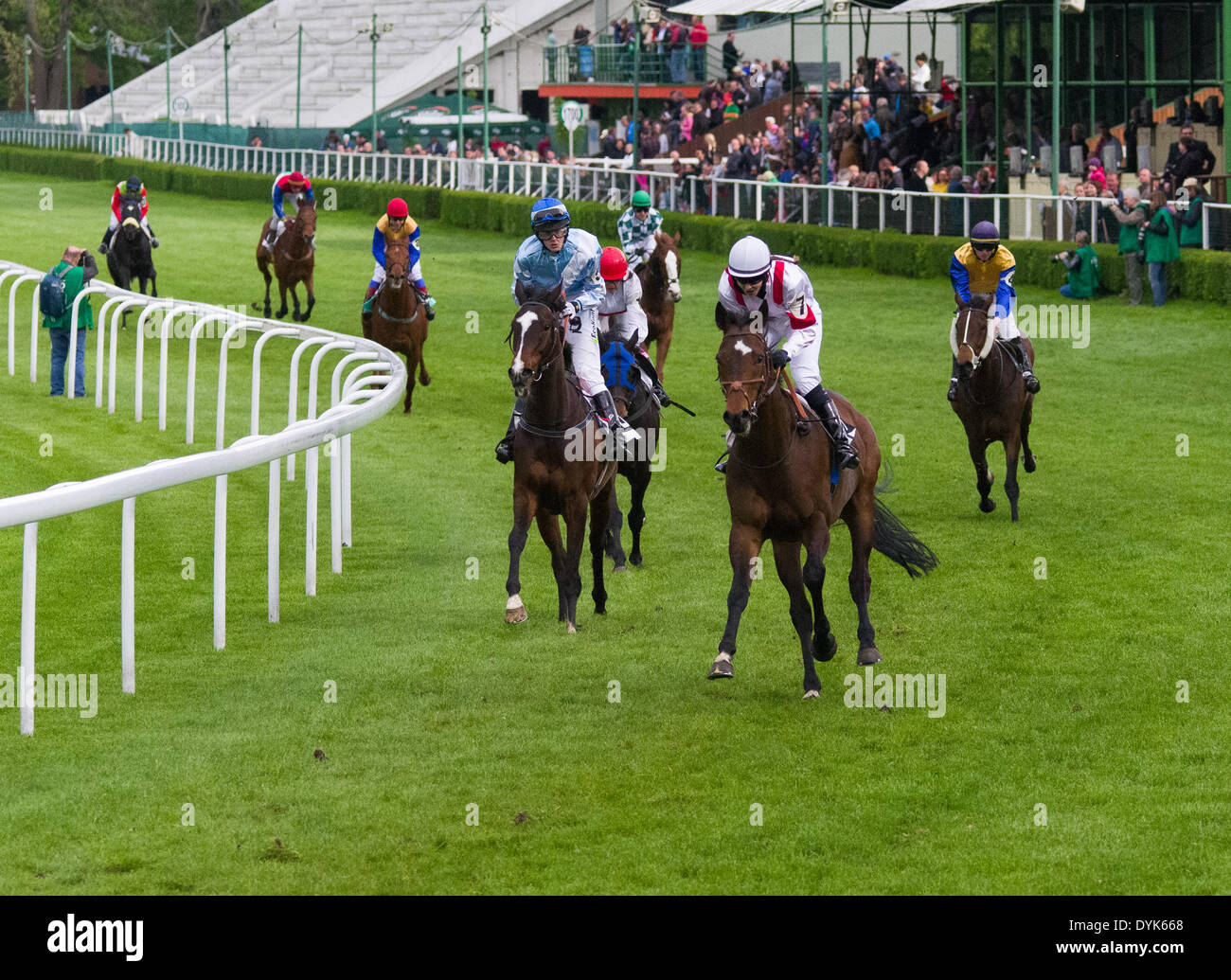 BRATISLAVA, SLOVAKIA, 20th April 2014. Jockey Ivona Hladikova (No 7) on ...