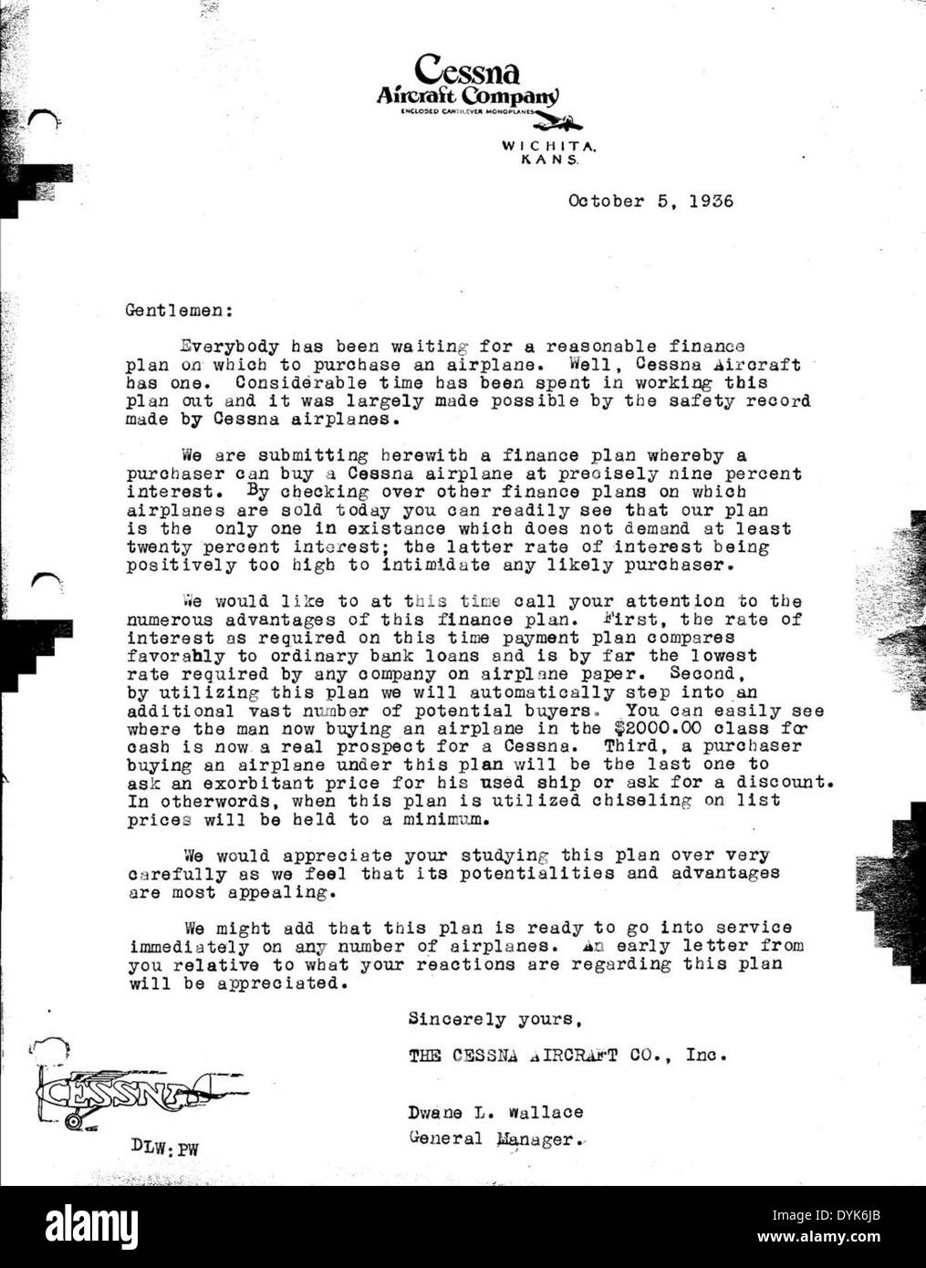 A letter from 1936 detailing a financing plan for Cessna aircraft ...