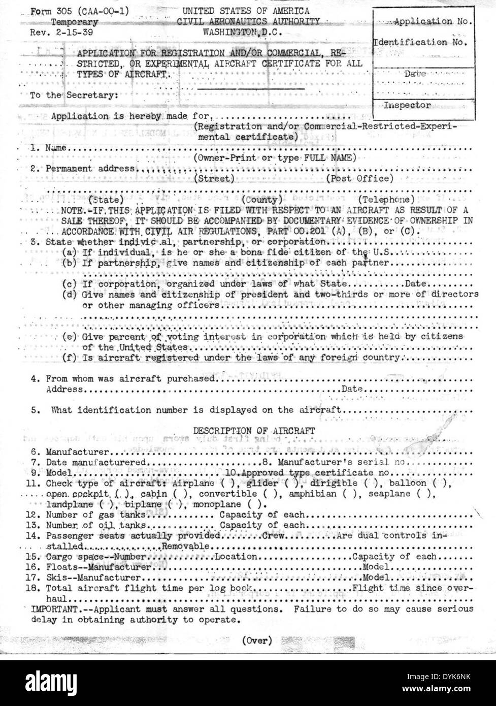 This CAA application for registration pertains to a Cessna aircraft ...