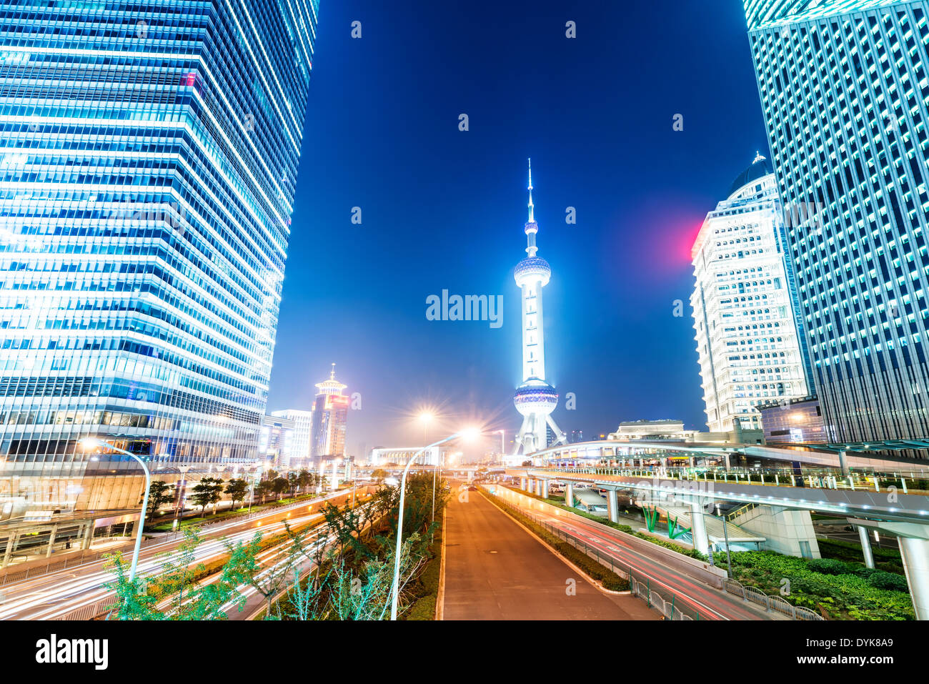 the light trails on the modern building background in shanghai china ...