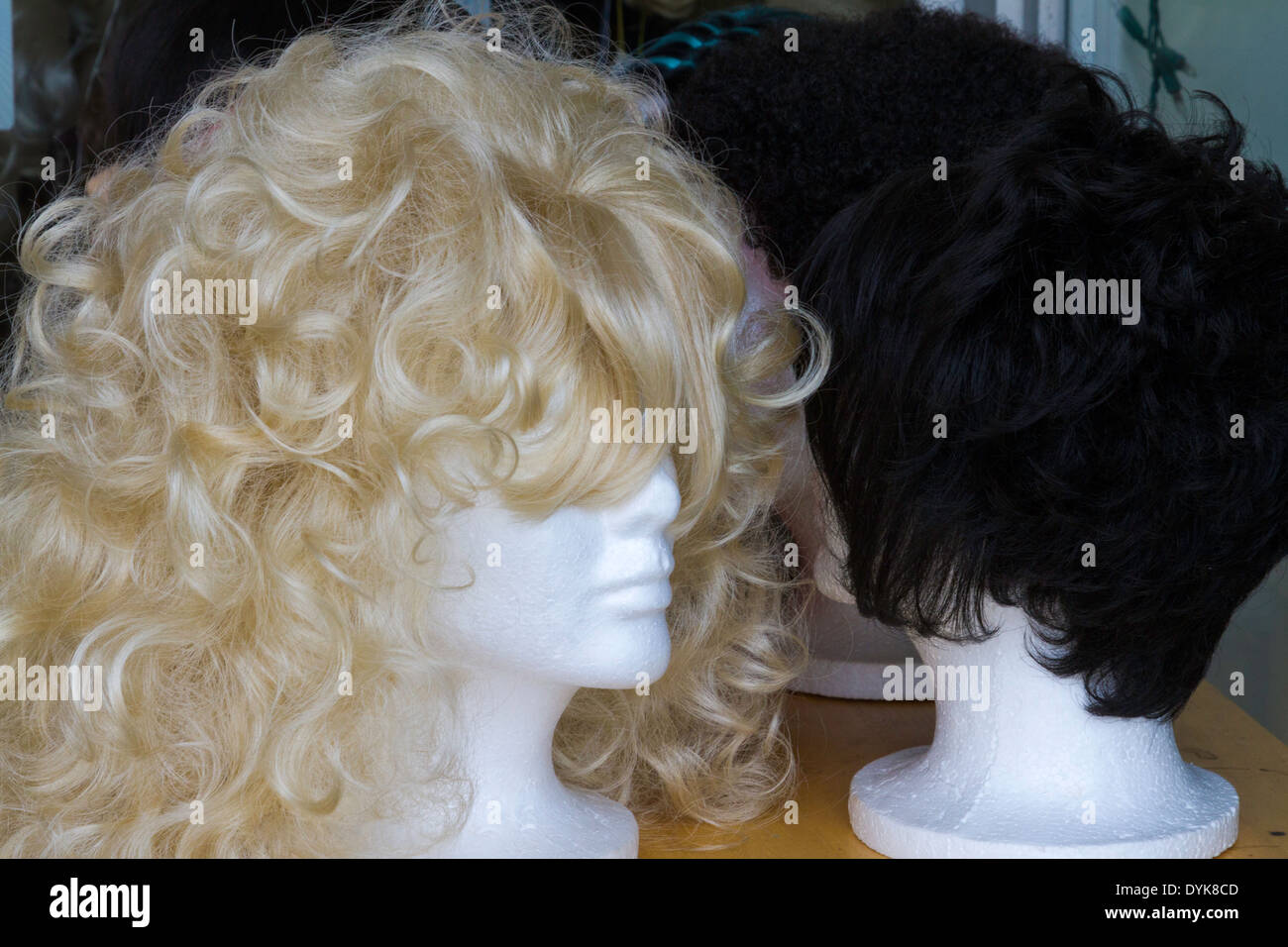 Wigs displayed in a shop window in Santa Barbara, California Stock ...