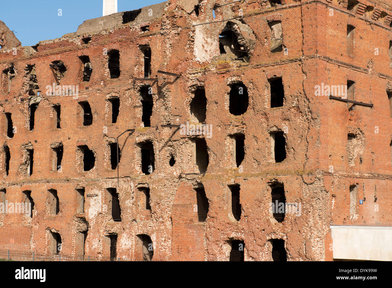 Ruined during the World War 2 red brick mill as a war monument in a ...