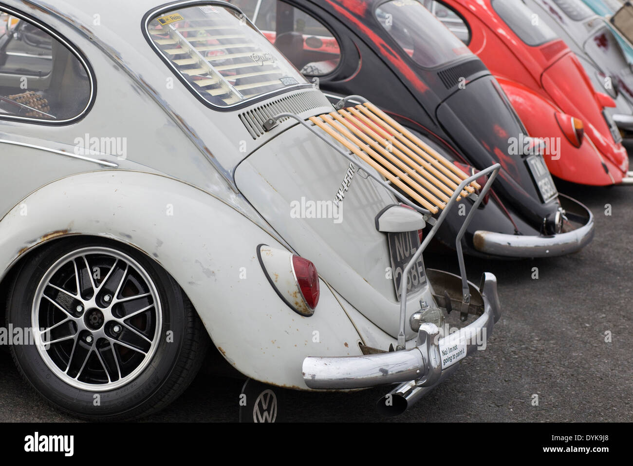 Boot view of a row of Volkswagen Beetles at Santa pod Raceway England ...