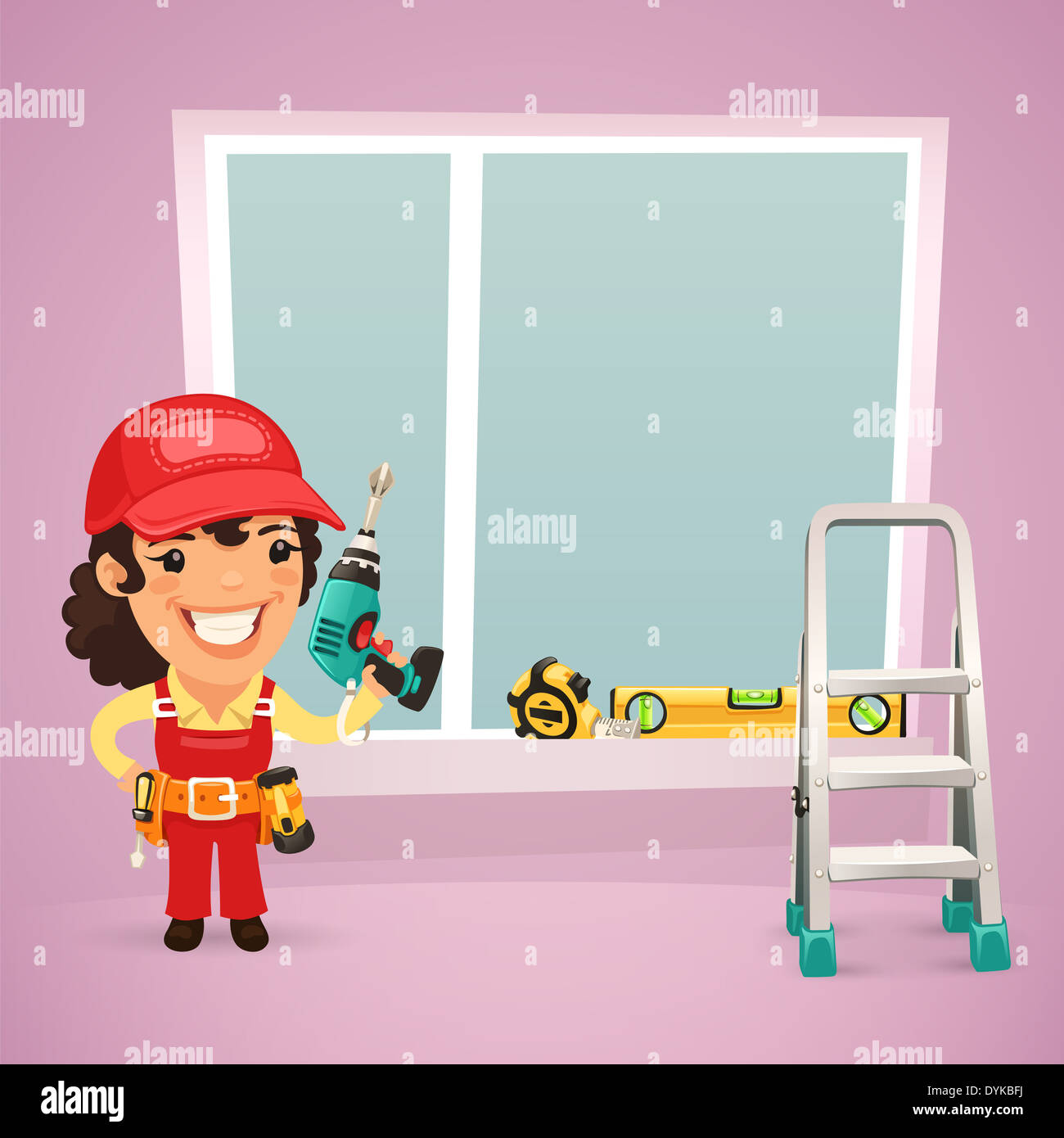 Female Worker Is Installing the Window Stock Photo - Alamy