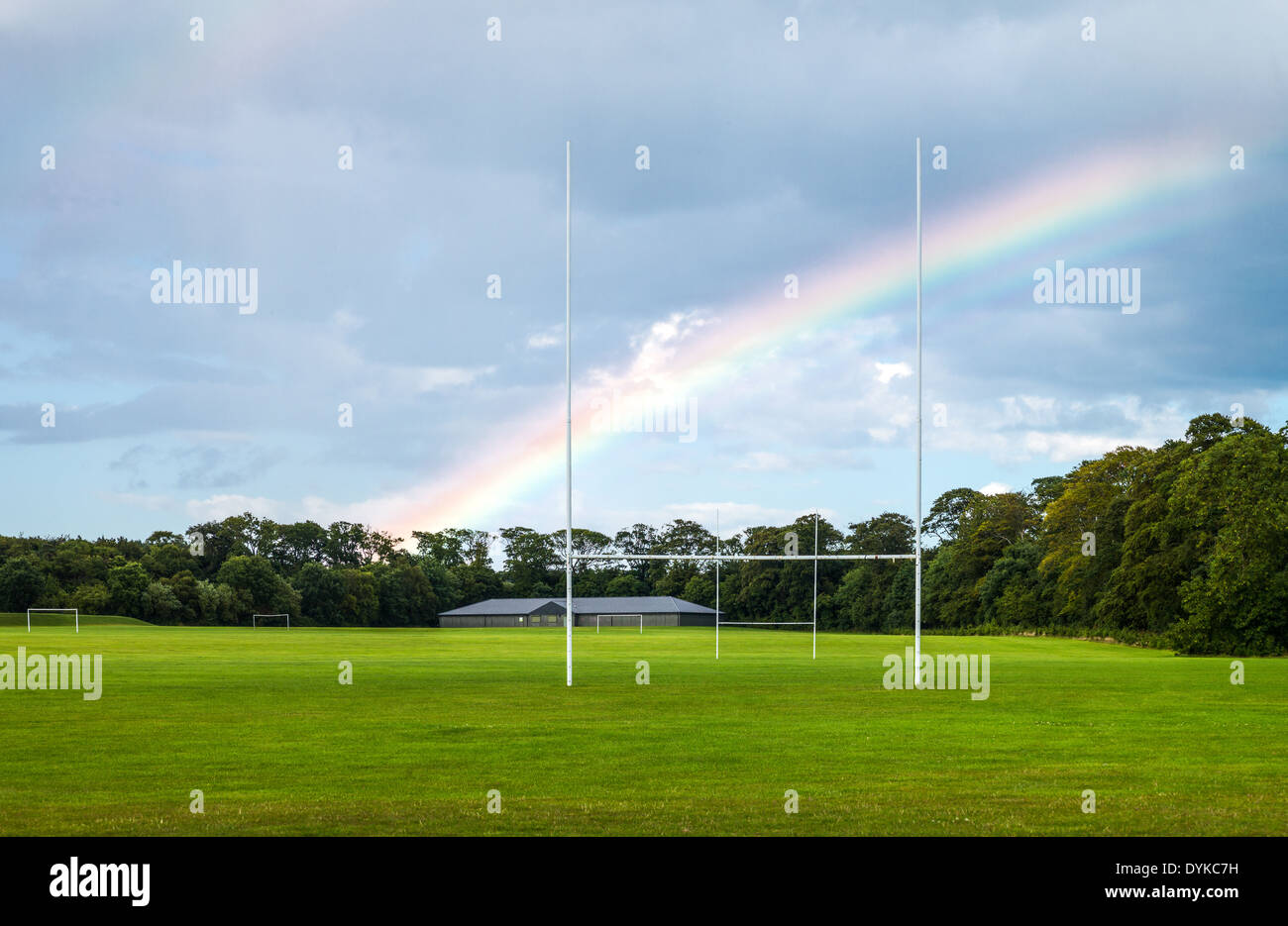 Ireland, Dublin county, a rainbow on a rugby field in the Malahide ...