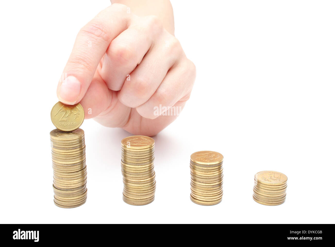 Hand put coins to stack of coins on white background Stock Photo - Alamy