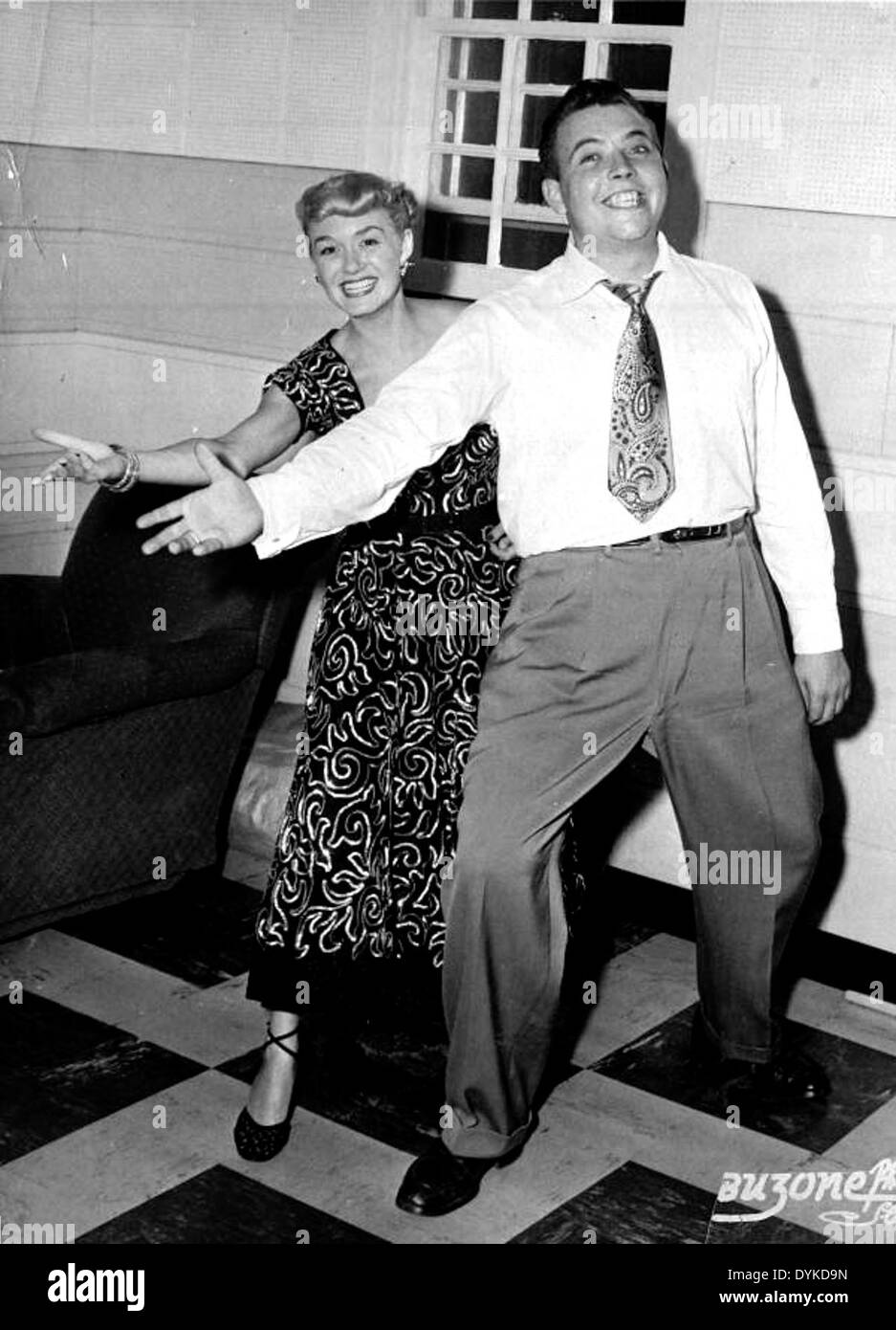 Jazz singer June Christy is shown clowning with DJ Rick Hollister at a ...