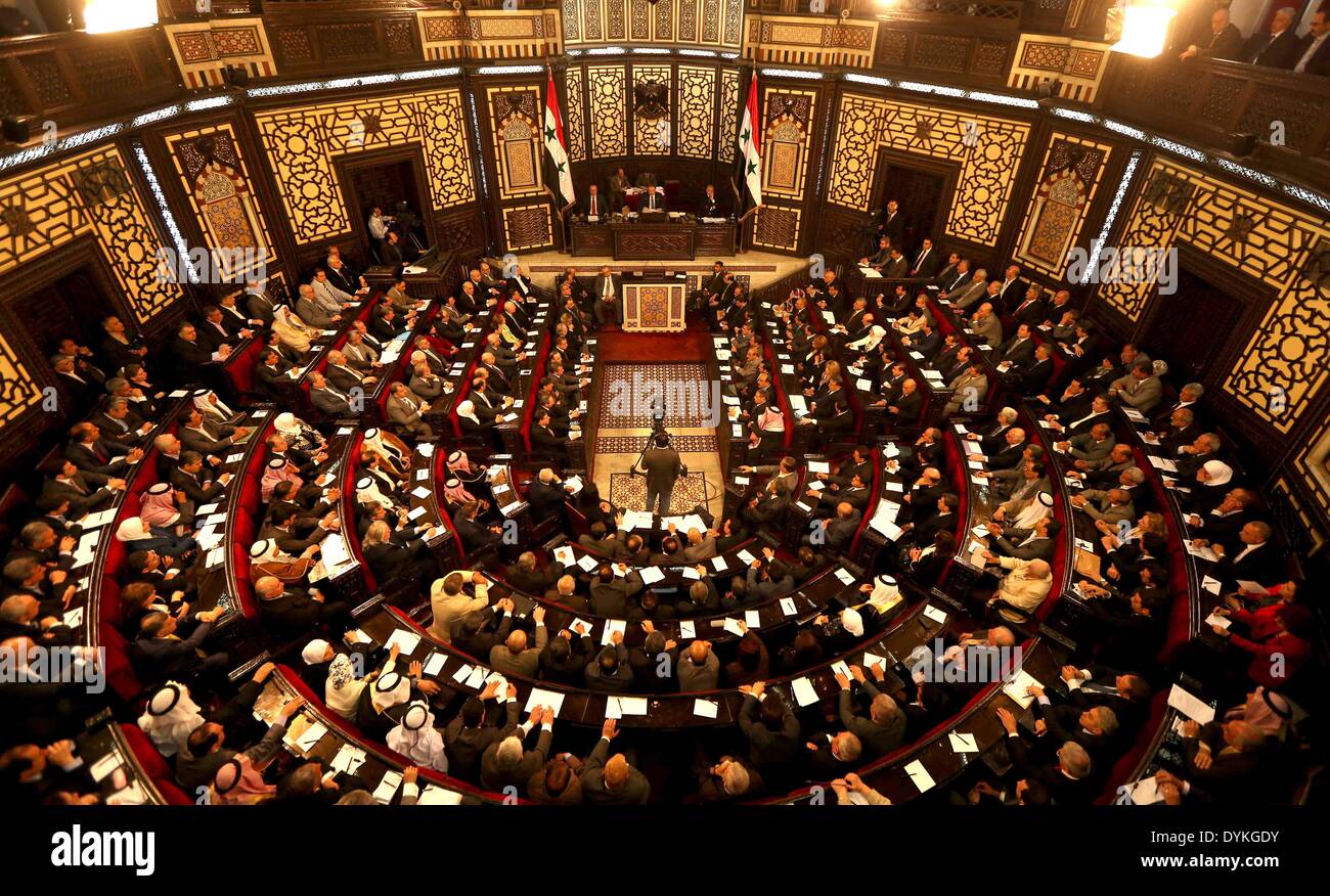 Damascus. 21st Apr, 2014. A view of a session of the Syrian Parliament ...