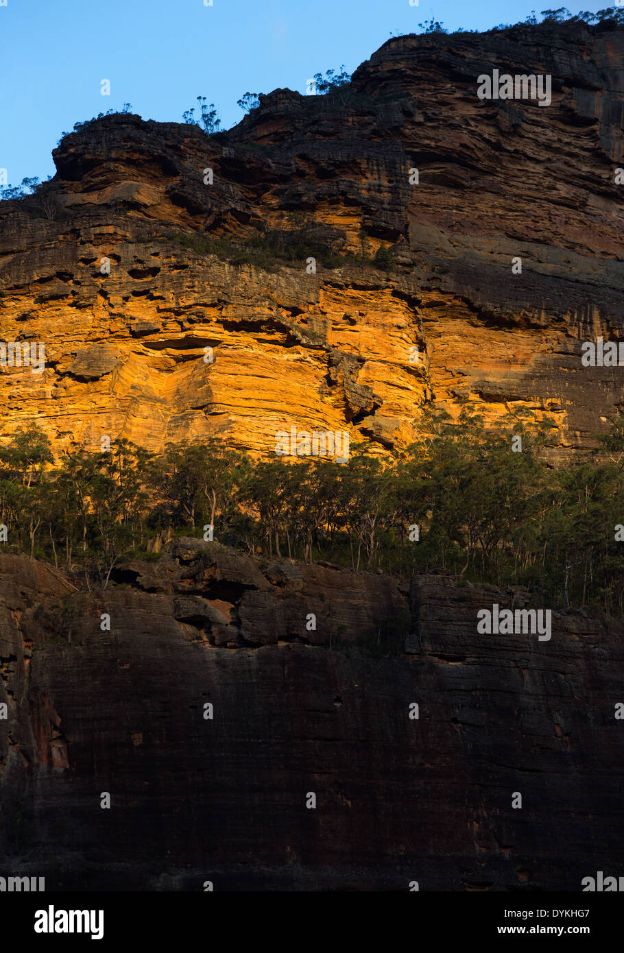 Sandstone escarpment in warm evening sunlight, Wollemi National Park ...
