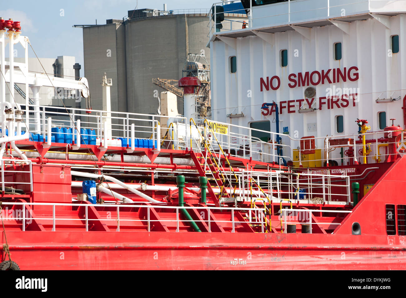 Close up of a detail of the deck of a big red tanker ship Stock Photo ...