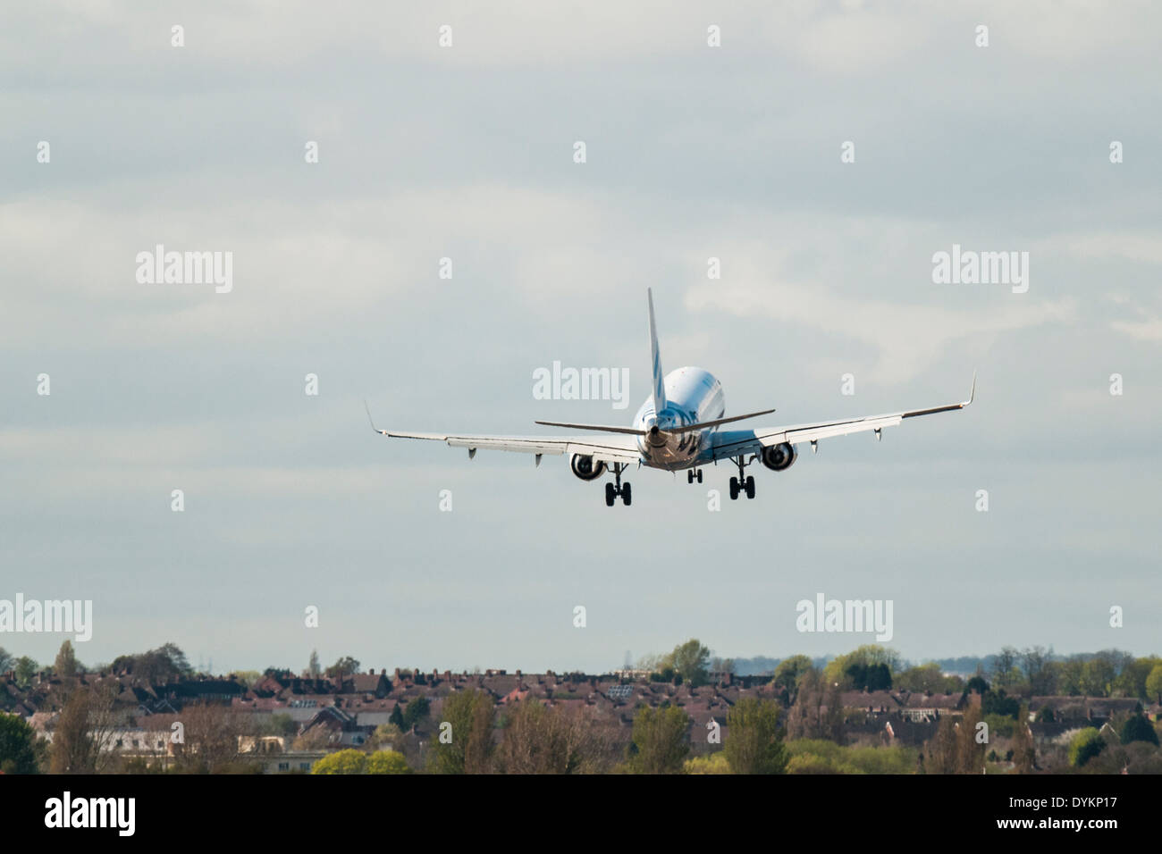 Rear view of a Flybe Airbus A319 aircraft landing at Birmingham ...